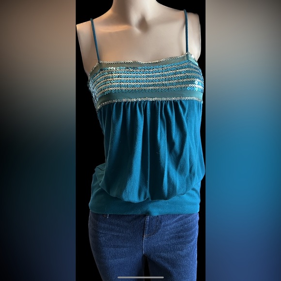 Papaya | Tops | Teal And Gold Sequins Spaghetti Strap Top | Poshmark